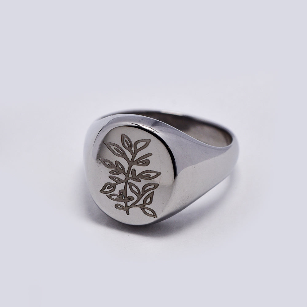 Stainless steel signet ring with leafy branch engraving - ABSSR302 ...
