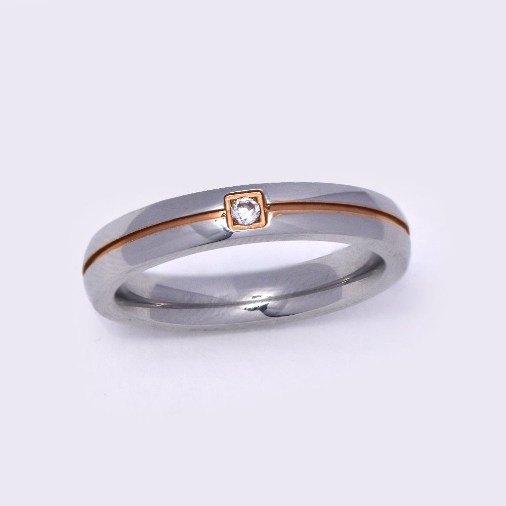 Stainless steel rose gold centre stripe band with cubic zirconia stone ...